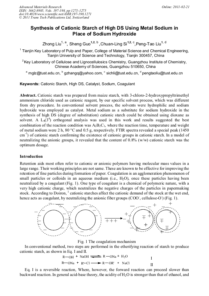 Synthesis of Cationic Starch of High DS Using Metal Sodium in Place of ...