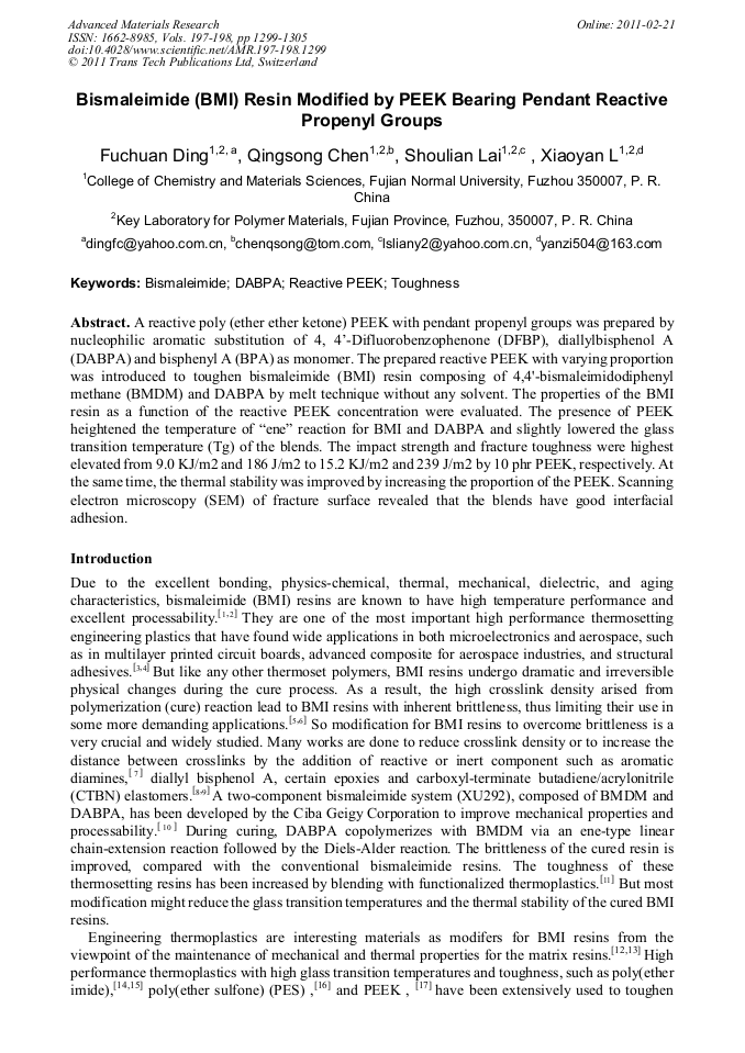 Bismaleimide (BMI) Resin Modified by PEEK Bearing Pendant Reactive ...