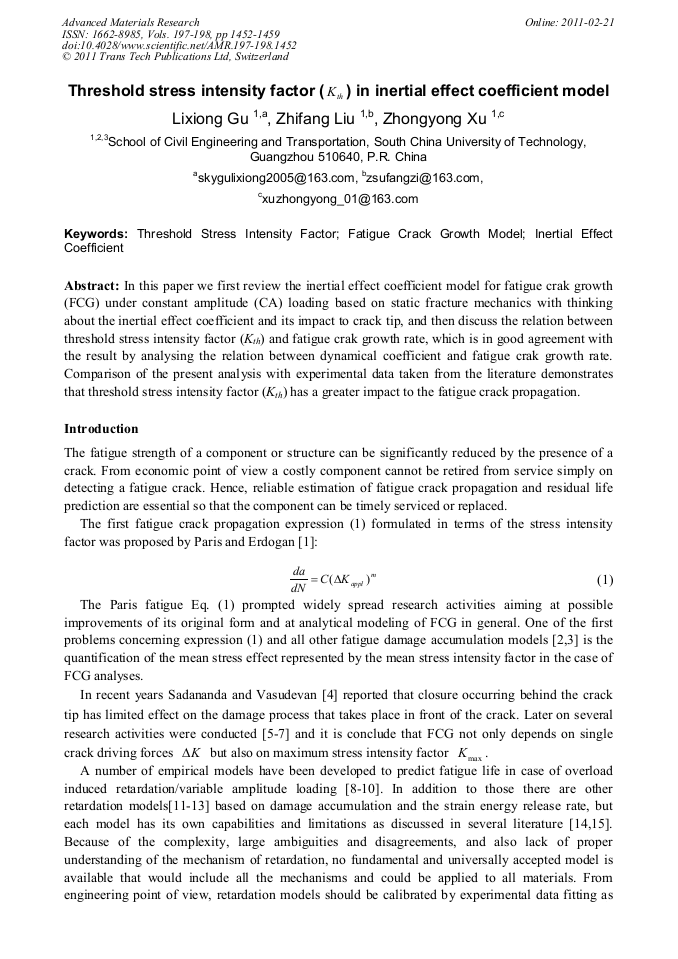 Threshold Stress Intensity Factor (Kth) in Inertial Effect Coefficient ...