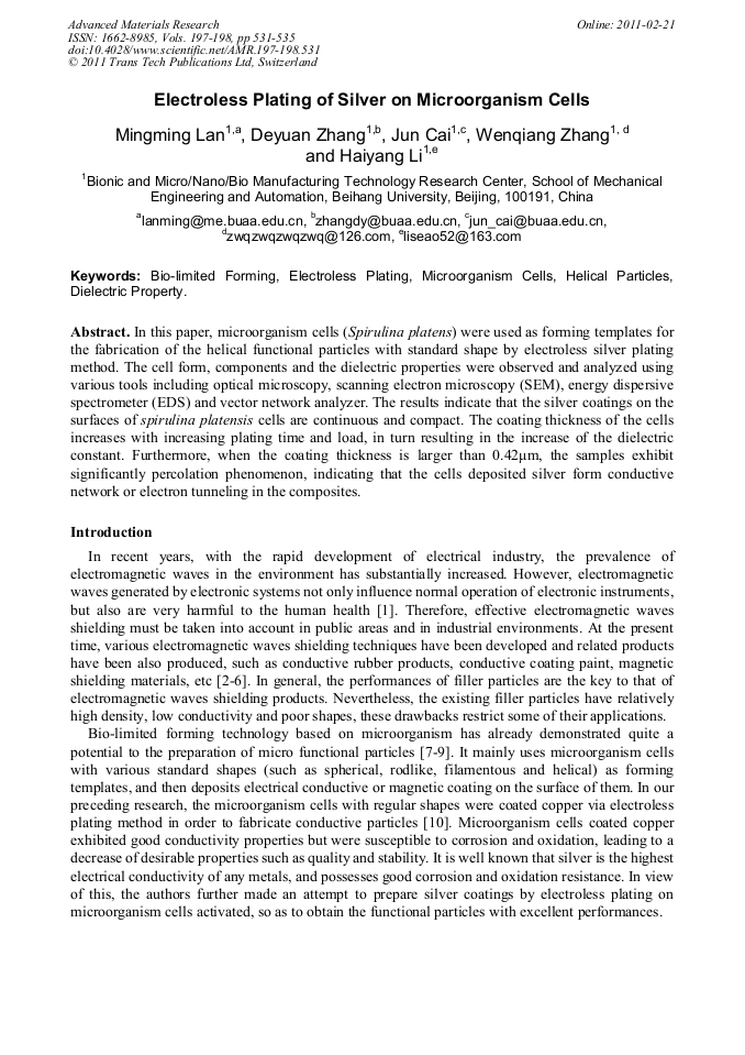 Electroless Plating of Silver on Microorganism Cells | Scientific.Net