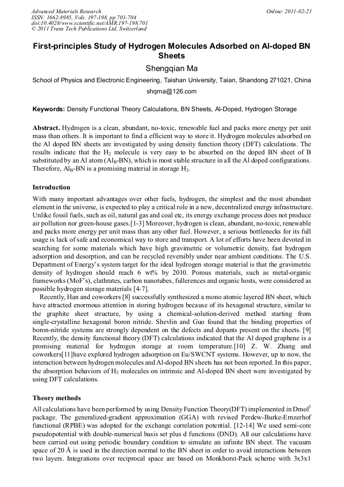 First-Principles Study of Hydrogen Molecules Adsorbed on Al-Doped BN ...