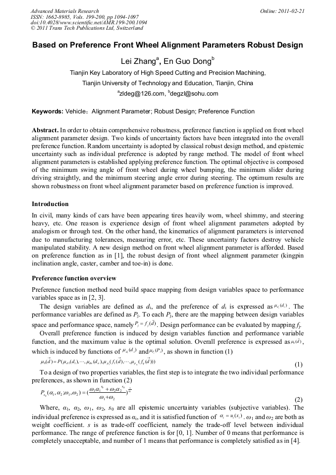 Based on Preference Front Wheel Alignment Parameters Robust Design ...