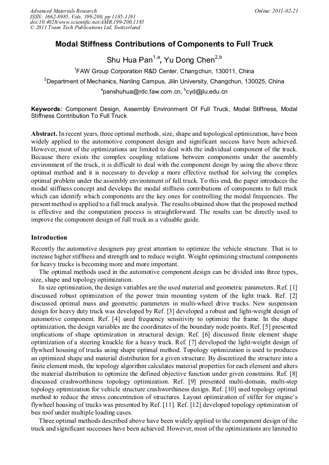 Modal Stiffness Contributions of Components to Full Truck | Scientific.Net