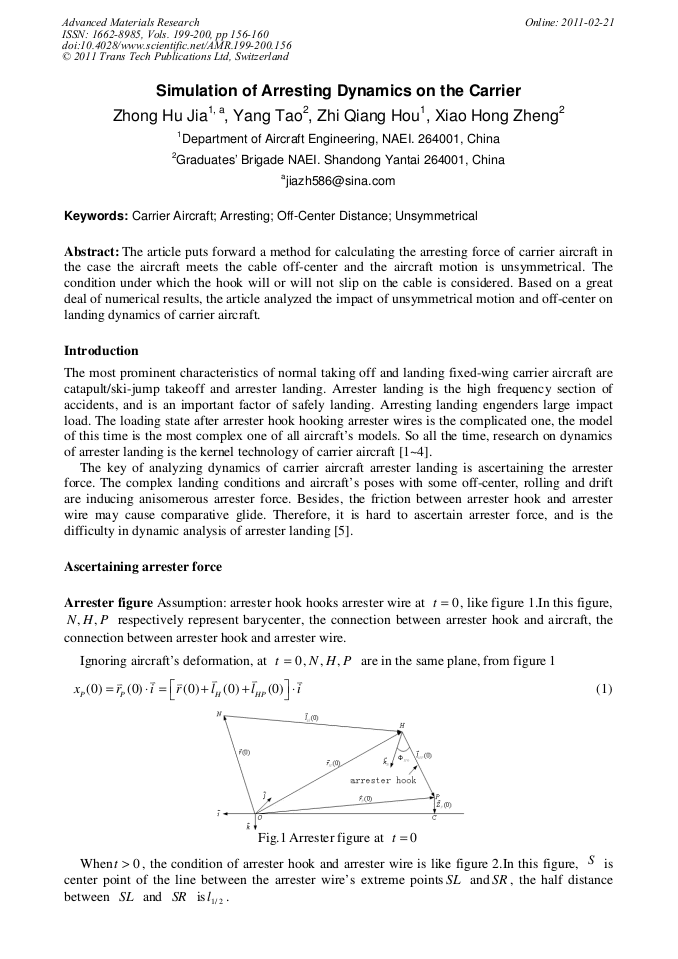 Simulation of Arresting Dynamics on the Carrier | Scientific.Net