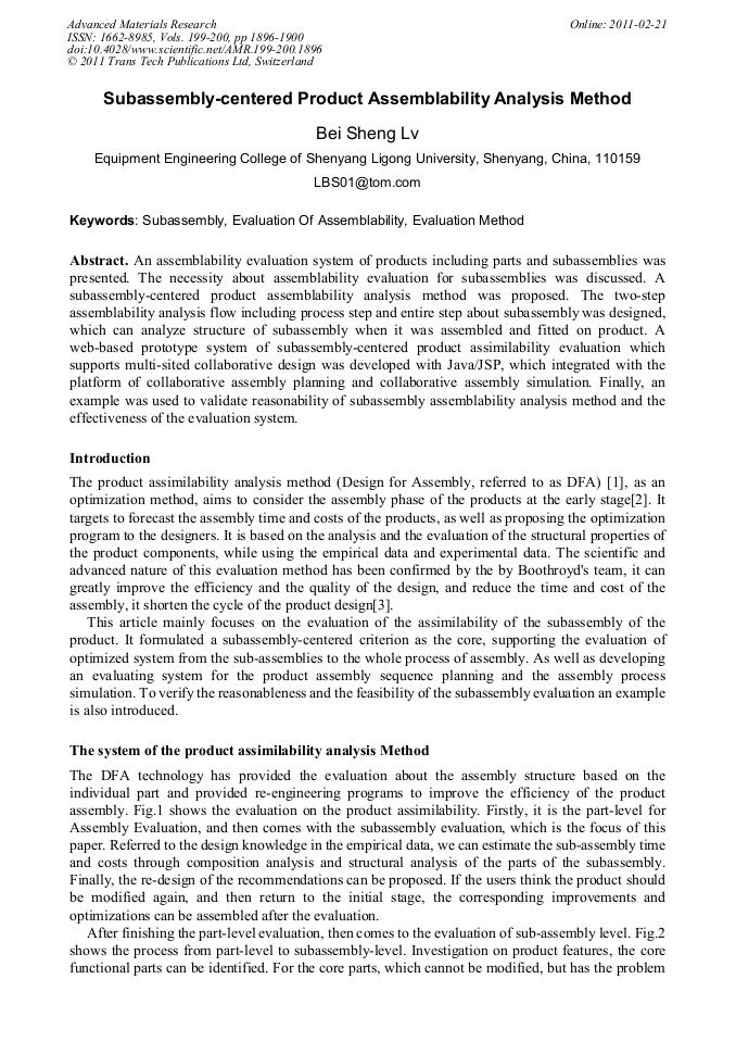 Subassembly-Centered Product Assemblability Analysis Method ...