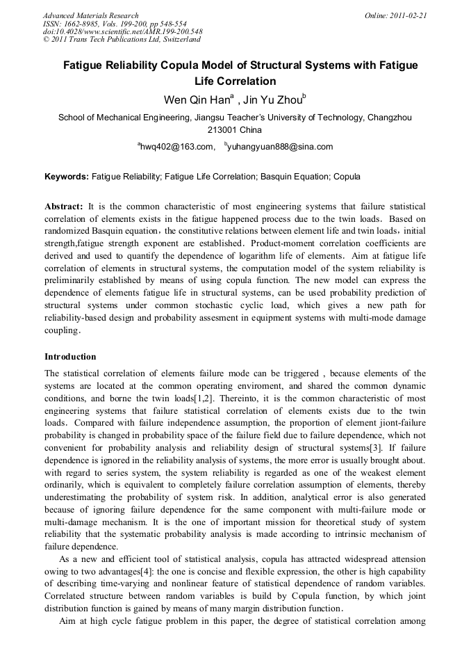 Fatigue Reliability Copula Model of Structural Systems with Fatigue Life Correlation ...