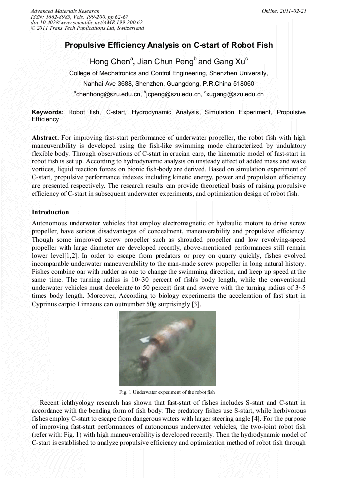 Propulsive Efficiency Analysis on C-Start of Robot Fish | Scientific.Net