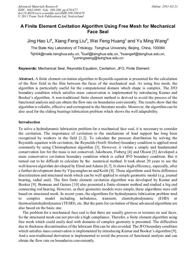 A Finite Element Cavitation Algorithm Using Free Mesh for Mechanical Face Seal | Scientific.Net