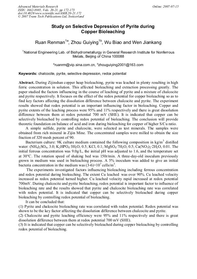 Study on Selective Depression of Pyrite during Copper Bioleaching ...