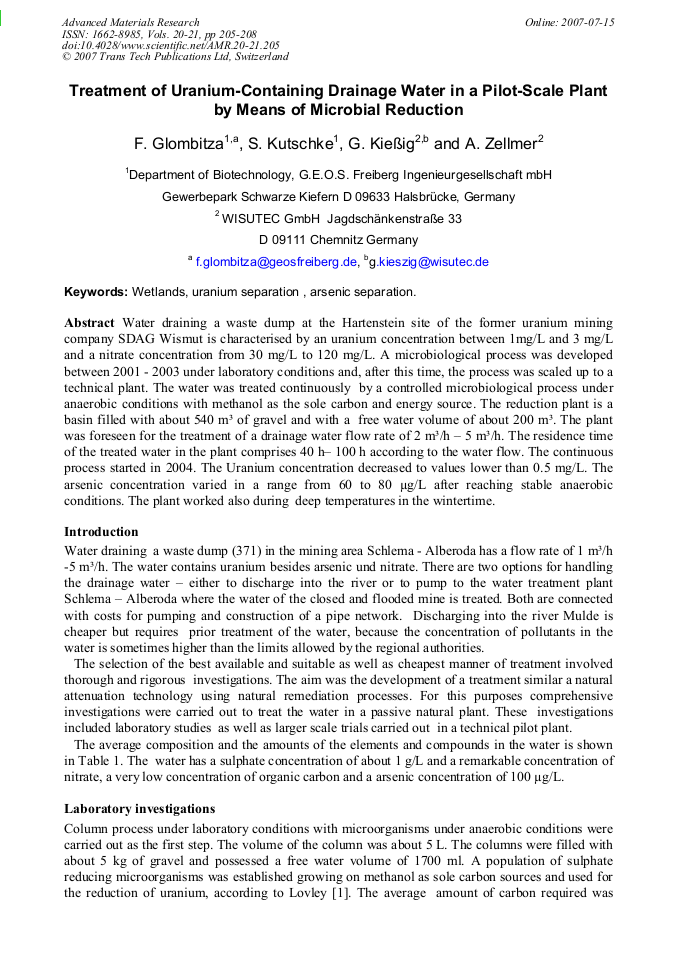 Treatment of Uranium-Containing Drainage Water in a Pilot-Scale Plant ...