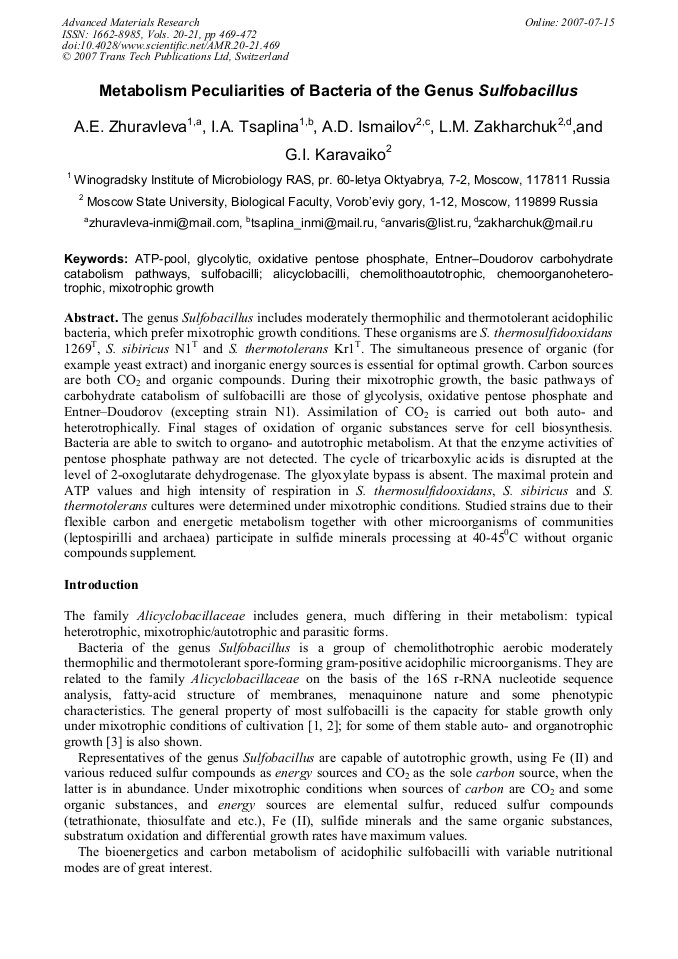 Metabolism Peculiarities of Bacteria of the Genus Sulfobacillus ...
