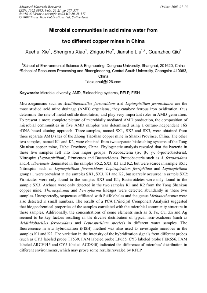 Microbial Communities in Acid Mine Water from Two Different Copper ...