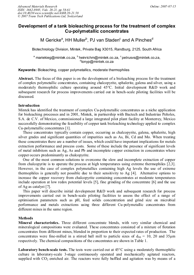Development of a Tank Bioleaching Process for the Treatment of Complex ...