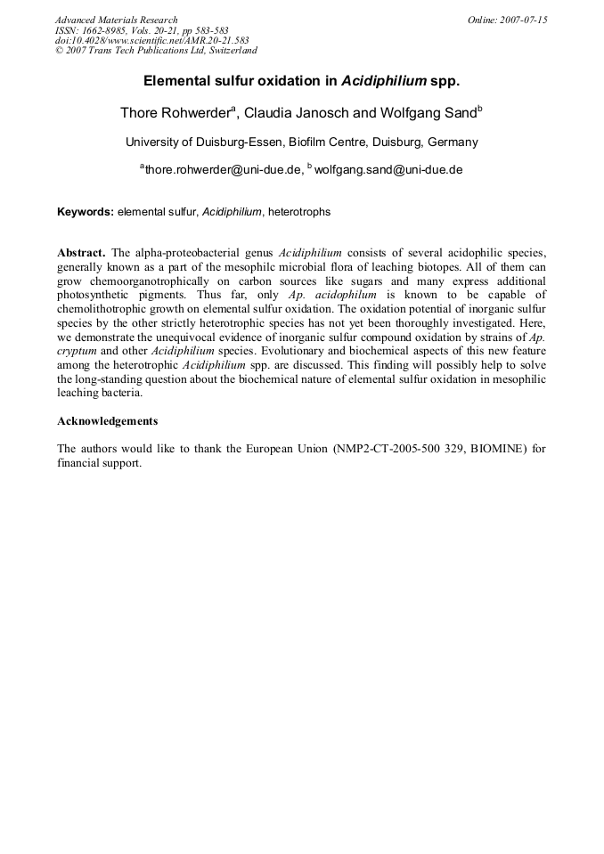 Elemental Sulfur Oxidation in Acidiphilium spp. | Scientific.Net