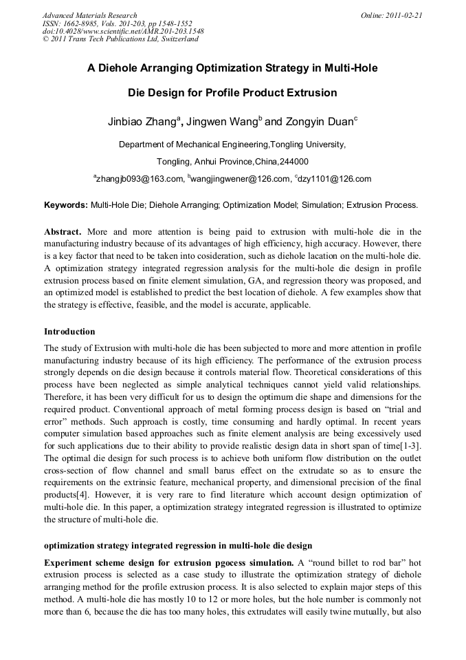 A Diehole Arranging Optimization Strategy in Multi-Hole Die Design for ...
