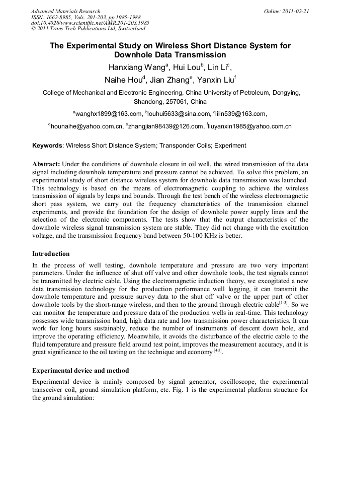 The Experimental Study on Wireless Short Distance System for Downhole ...