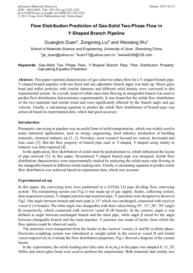 Flow Distribution Prediction of Gas-Solid Two-Phase Flow in Y-Shaped ...