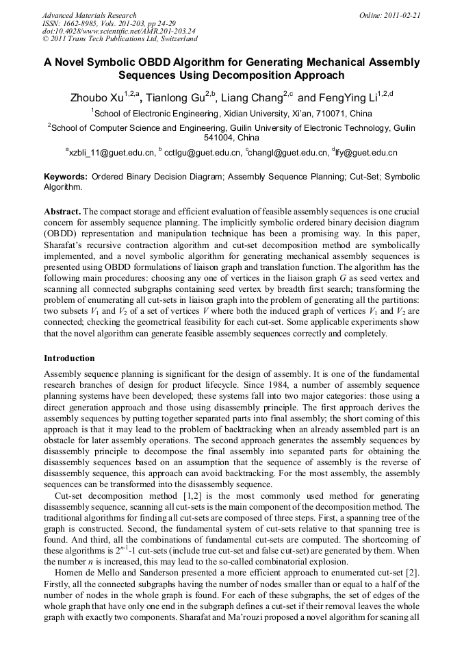 A Novel Symbolic OBDD Algorithm for Generating Mechanical Assembly Sequences Using Decomposition ...