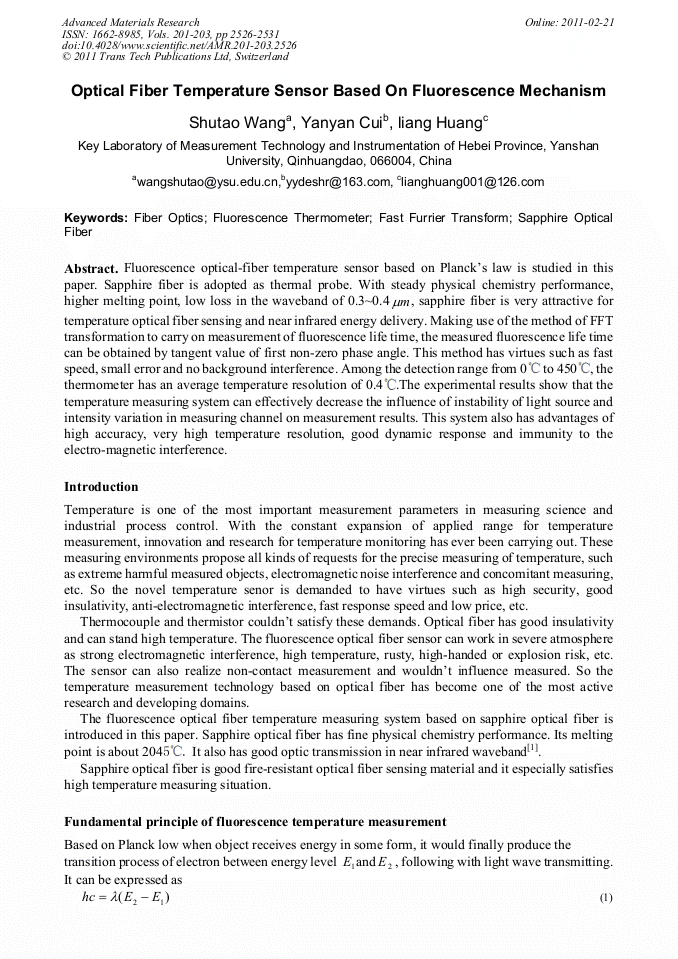Optical Fiber Temperature Sensor Based on Fluorescence Mechanism ...