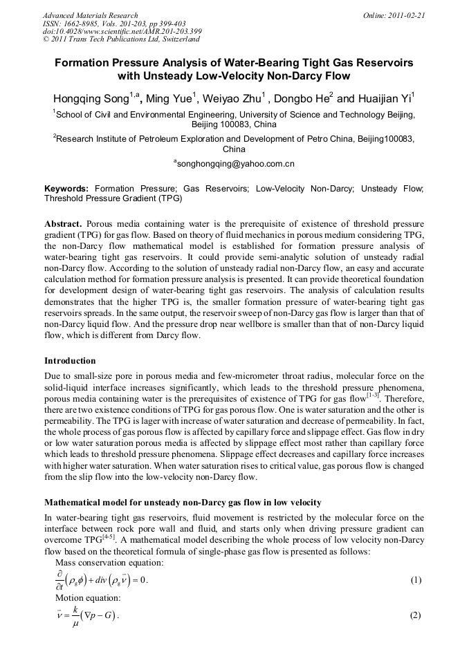 Formation Pressure Analysis of Water-Bearing Tight Gas Reservoirs with ...
