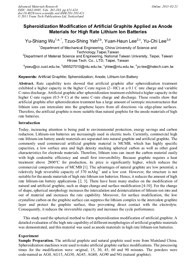 Spheroidization Modification of Artificial Graphite Applied as Anode Materials for High Rate ...