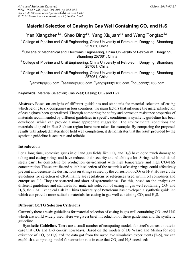 Material Selection of Casing in Gas Well Containing CO2 and H2S ...