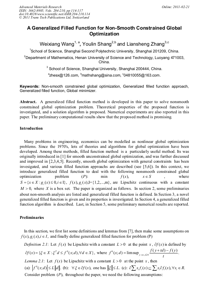 A Generalized Filled Function for Non-Smooth Constrained Global Optimization | Scientific.Net