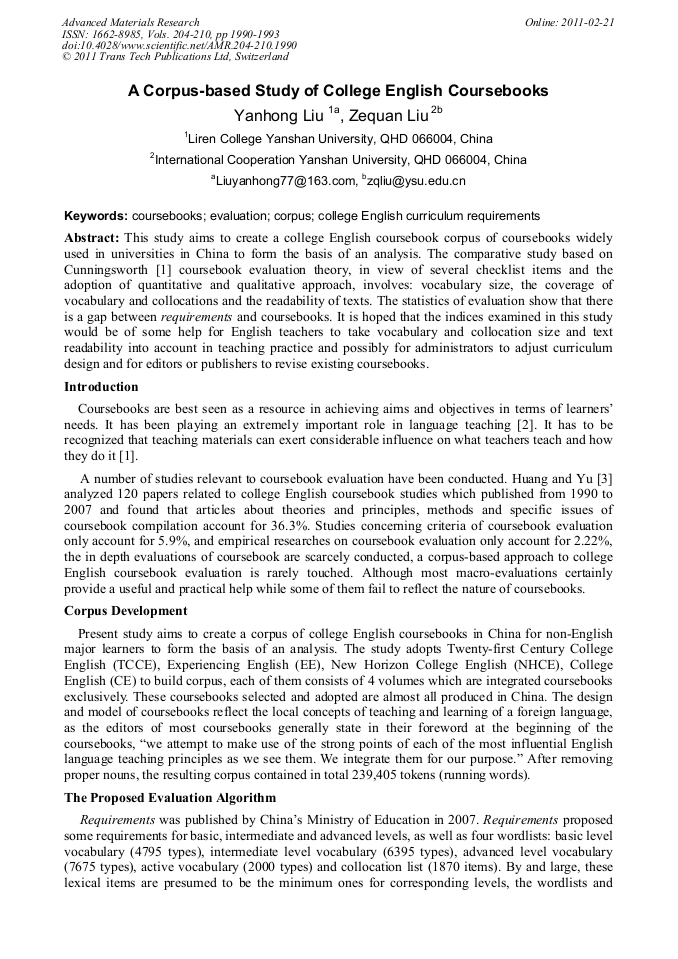 A Corpus-Based Study of College English Coursebooks | Scientific.Net