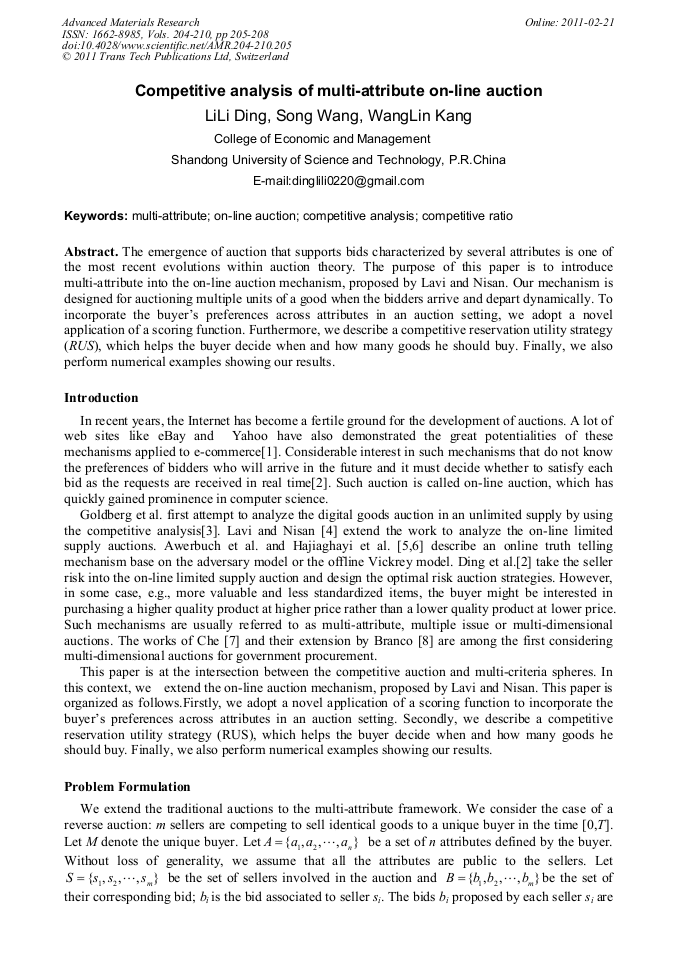 Competitive Analysis of Multi-Attribute On-Line Auction | Scientific.Net