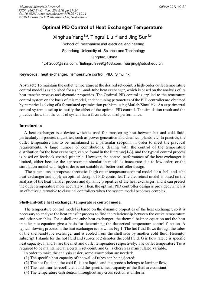 Optimal PID Control of Heat Exchanger Temperature | Scientific.Net