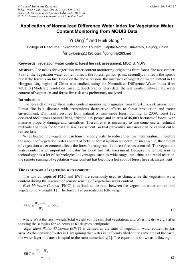 Application of Normalized Difference Water Index for Vegetation Water ...