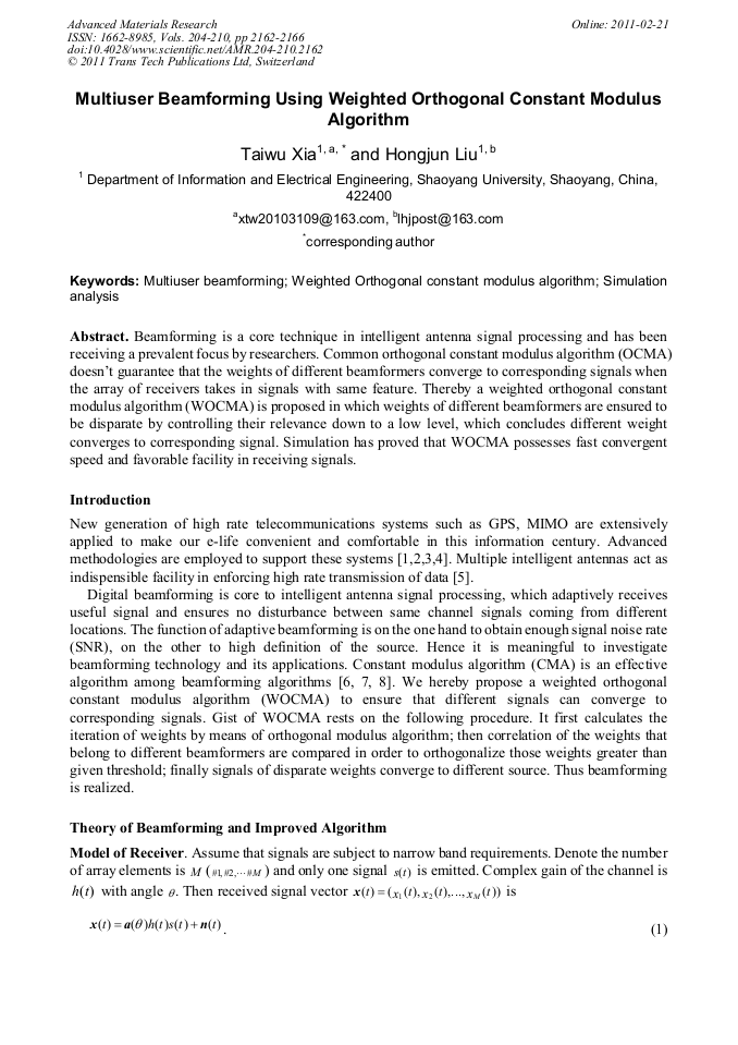 Multiuser Beamforming Using Weighted Orthogonal Constant Modulus Algorithm | Scientific.Net