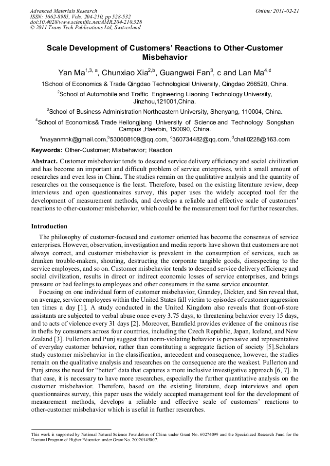 Scale Development of Customers’ Reactions to Other-Customer Misbehavior ...