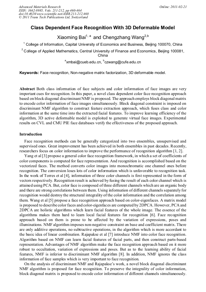 Class Dependent Face Recognition with 3D Deformable Model | Scientific.Net