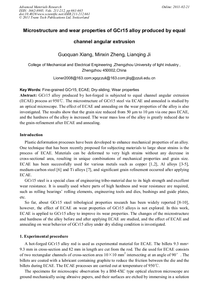 Microstructure and Wear Properties of GCr15 Alloy Produced by Equal ...