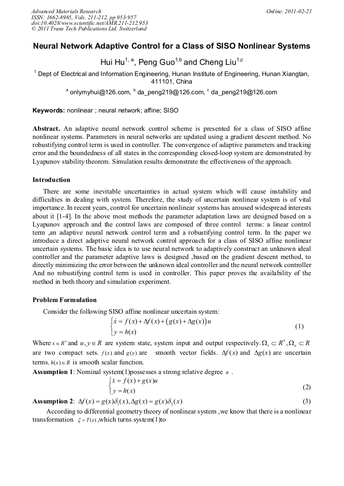 Neural Network Adaptive Control for a Class of SISO Nonlinear Systems | Scientific.Net