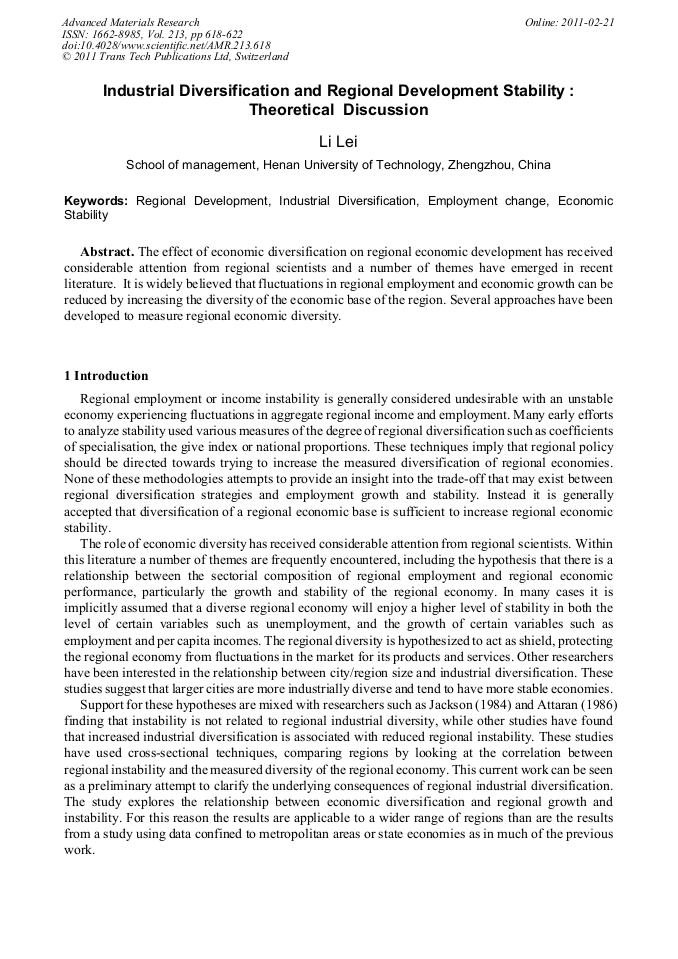Industrial Diversification and Regional Development Stability ...