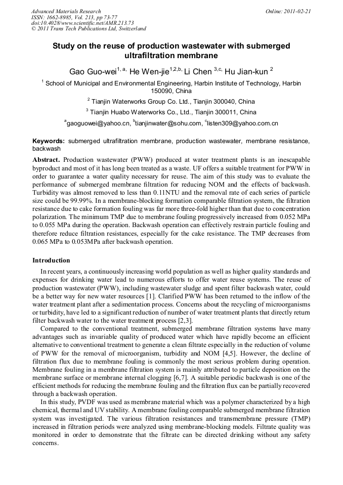 Study on the Reuse of Production Wastewater with Submerged ...