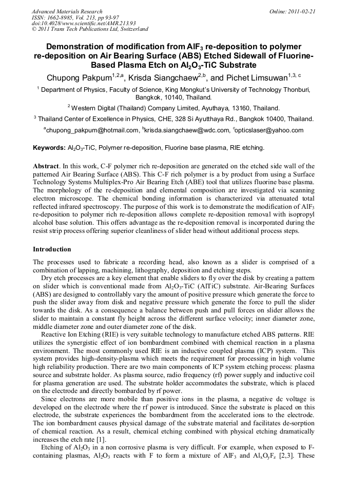 Demonstration of Modification from AlF3 Re-Deposition to Polymer Re ...