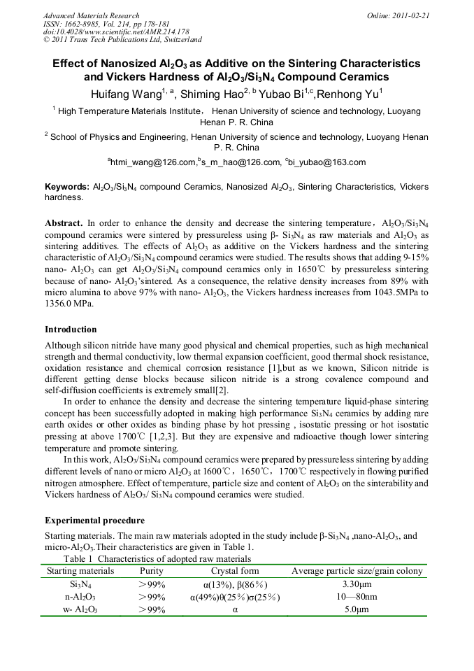 Effect of Nanosized Al2O3 as Additive on the Sintering Characteristics ...
