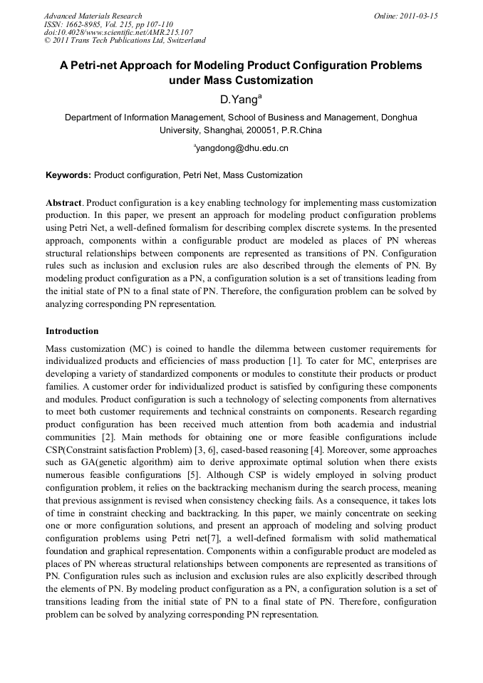 A Petri-Net Approach for Modeling Product Configuration Problems under Mass Customization ...