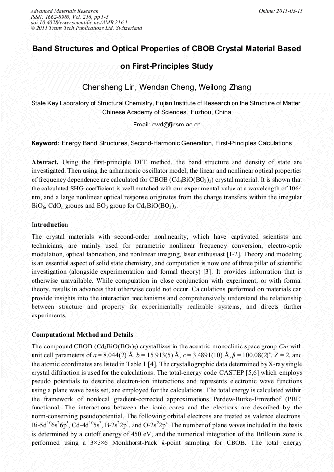 Band Structures and Optical Properties of CBOB Crystal Material Based ...