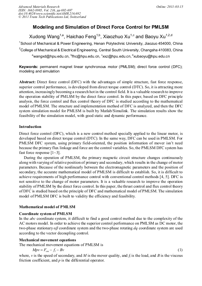 Modeling and Simulation of Direct Force Control for PMLSM | Scientific.Net