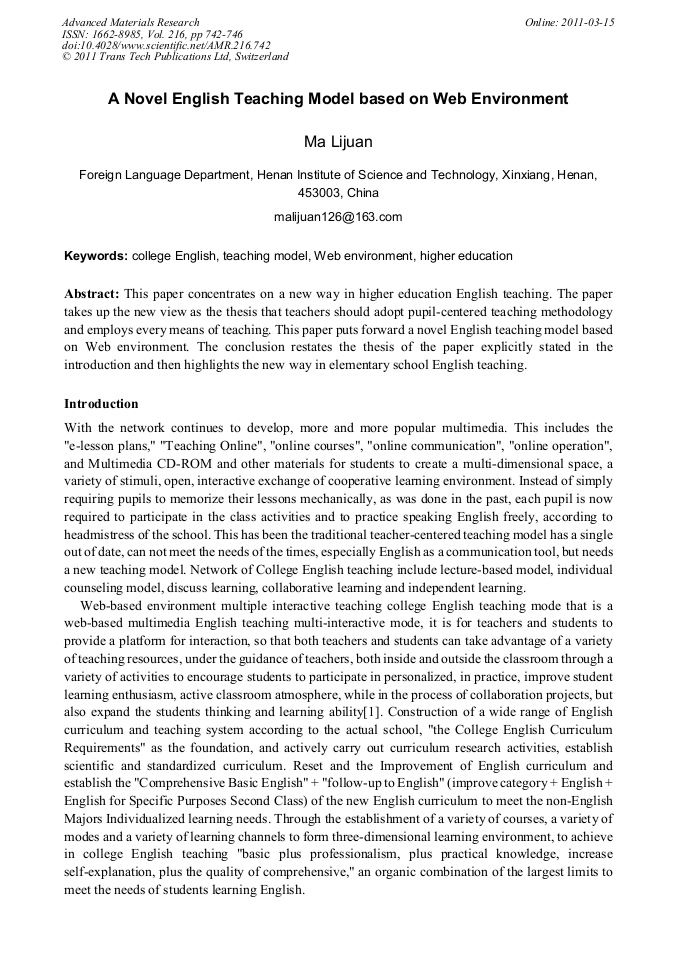 A Novel English Teaching Model Based on Web Environment | Scientific.Net