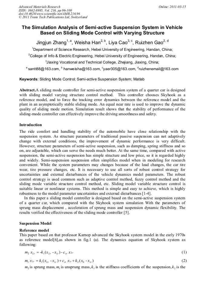 The Simulation Analysis of Semi-Active Suspension System in Vehicle ...