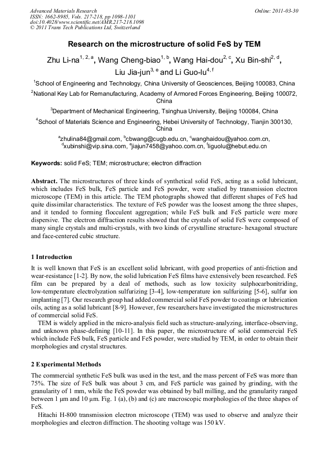 Research on the Microstructure of Solid FeS by TEM | Scientific.Net