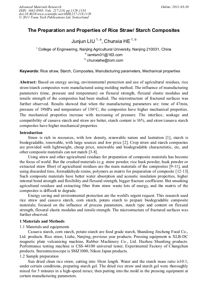 The Preparation and Properties of Rice Straw/Starch Composites ...