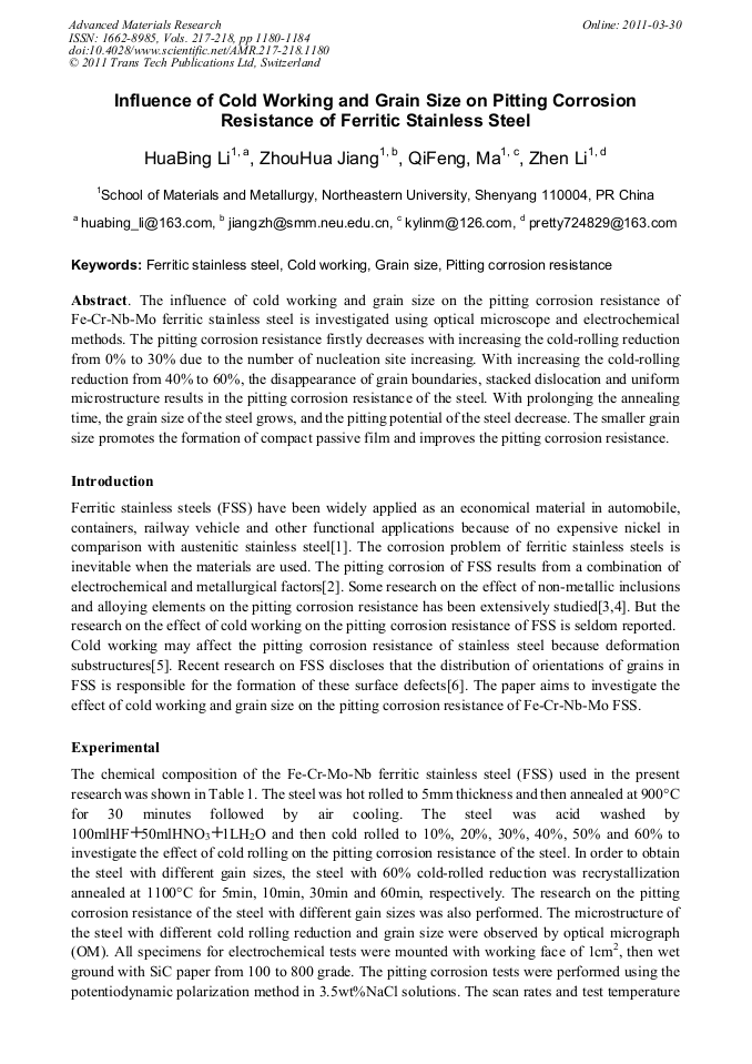 Influence of Cold Working and Grain Size on Pitting Corrosion ...