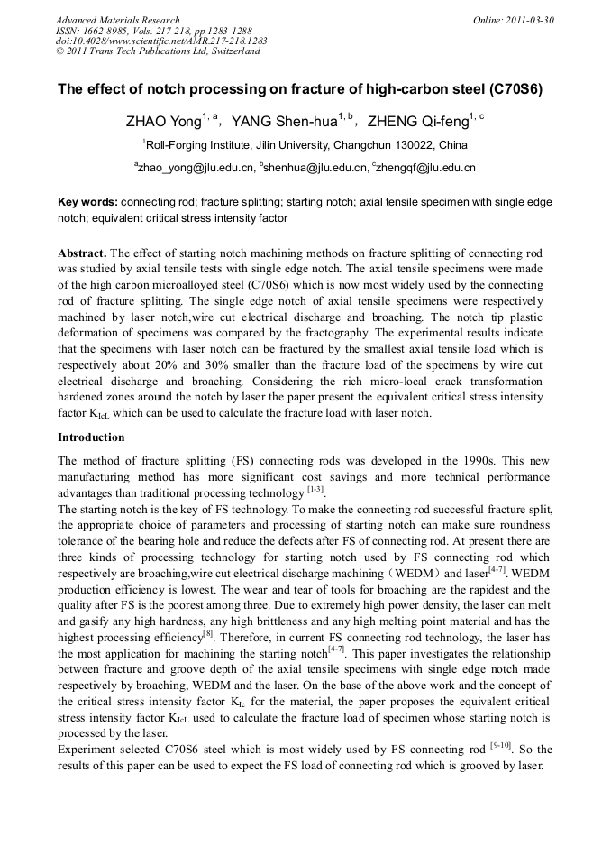 The Effect of Notch Processing on Fracture of High-Carbon Steel (C70S6 ...