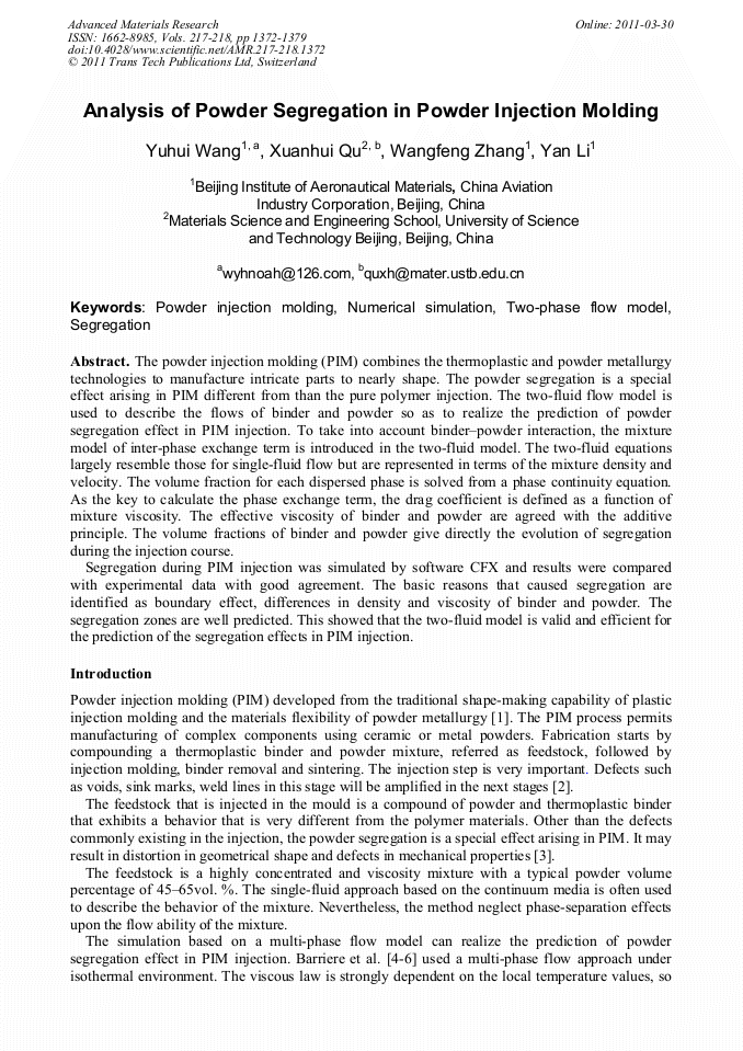 Analysis of Powder Segregation in Powder Injection Molding | Scientific.Net